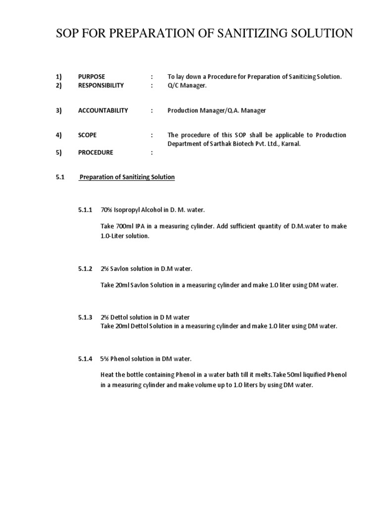 Sop For Preparation of Sanitizing Solution | PDF