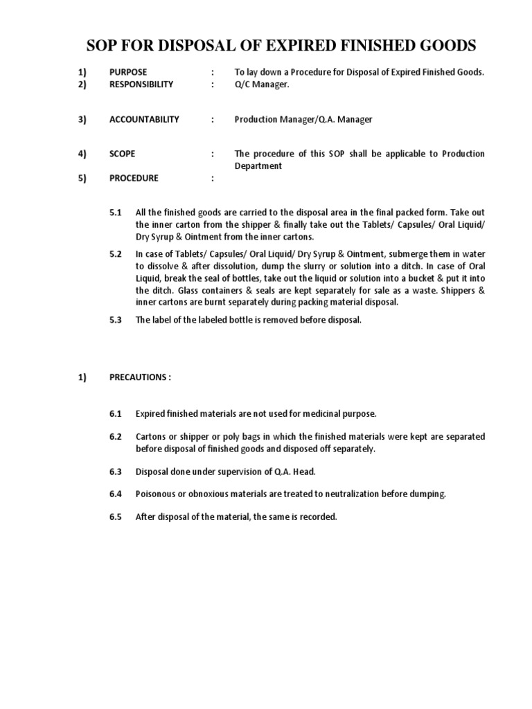 Sop For Disposal of Expired Finished Goods | PDF