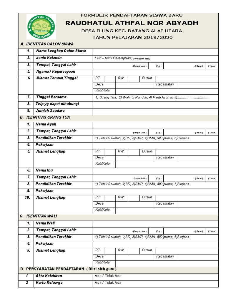 Format Formulir Pendaftaran Siswa Baru Ra | PDF