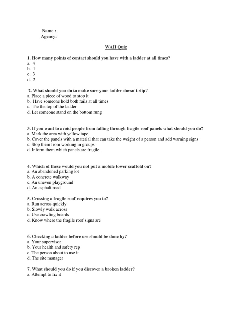 Question On Work at Height | PDF | Ladder | Scaffolding