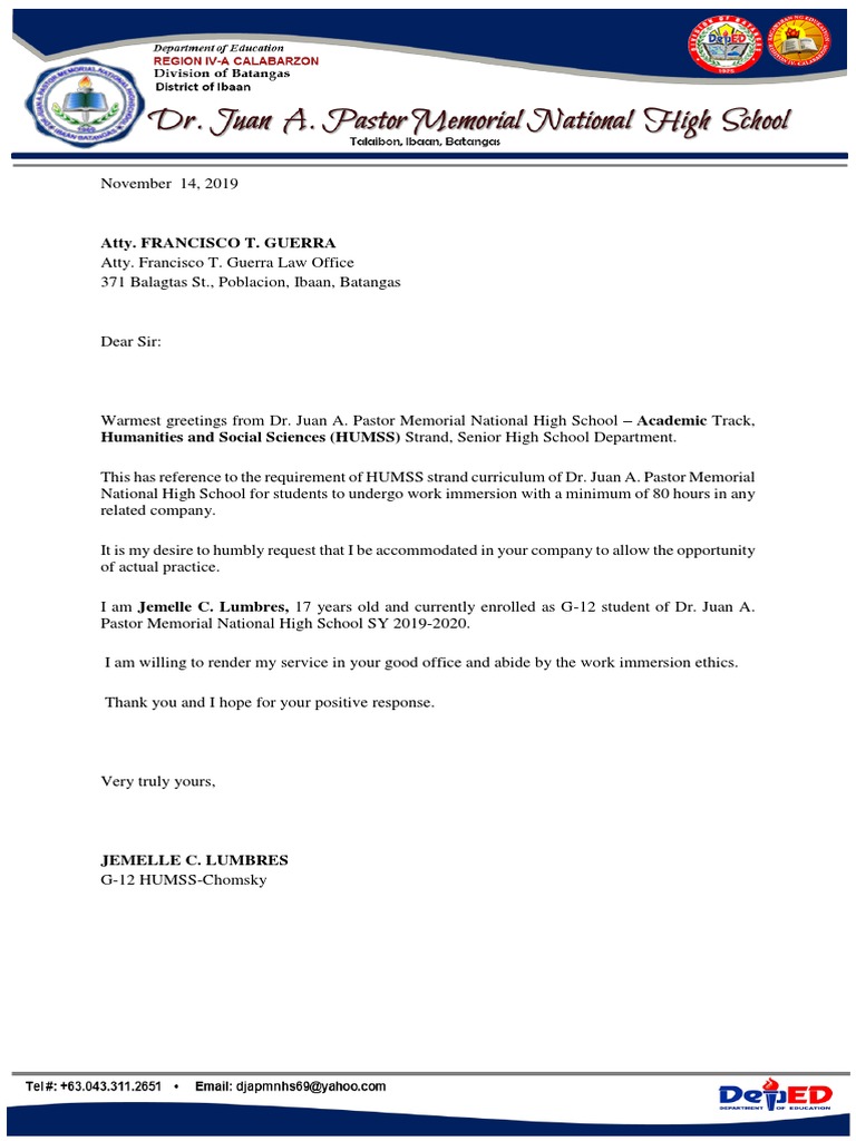 APPLICATION LETTER WITH LETTERHEAD Work Immersion | Download Free PDF ...