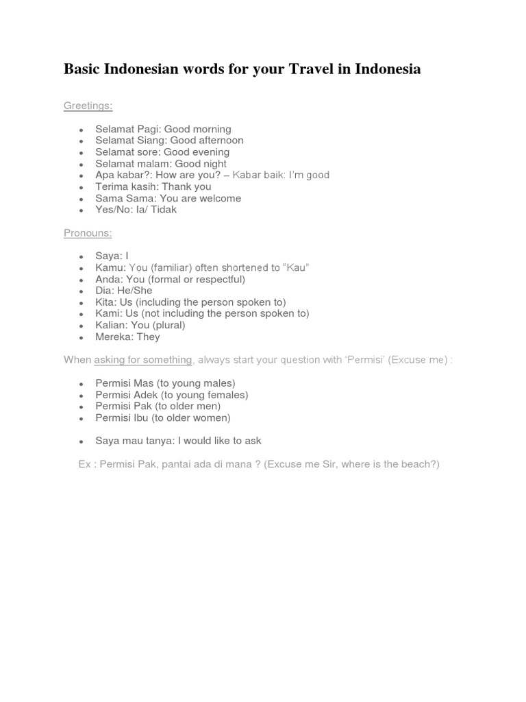 Basic Indonesian Words For Your Travel in Indonesia | PDF | Language ...