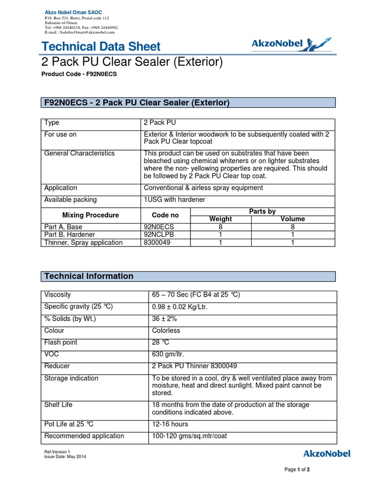 Akzo Nobel Oman's 2 Pack PU Clear Sealer Technical Data Sheet | PDF | Industrial Processes ...