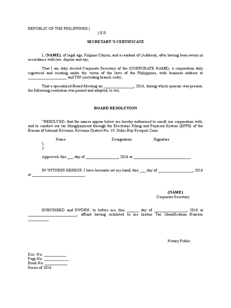 Secretary Certificate For EFPS | PDF Secretary Certificate For EFPS | PDF