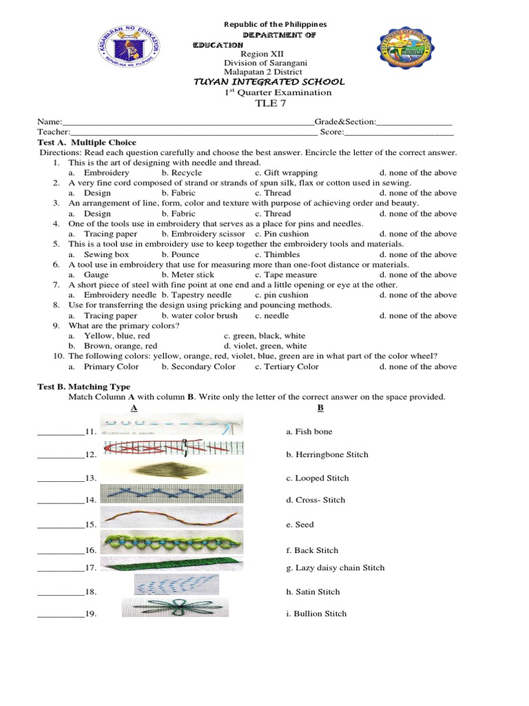 TLE 7 First Quarter Exam | PDF | Yarn | Embroidery