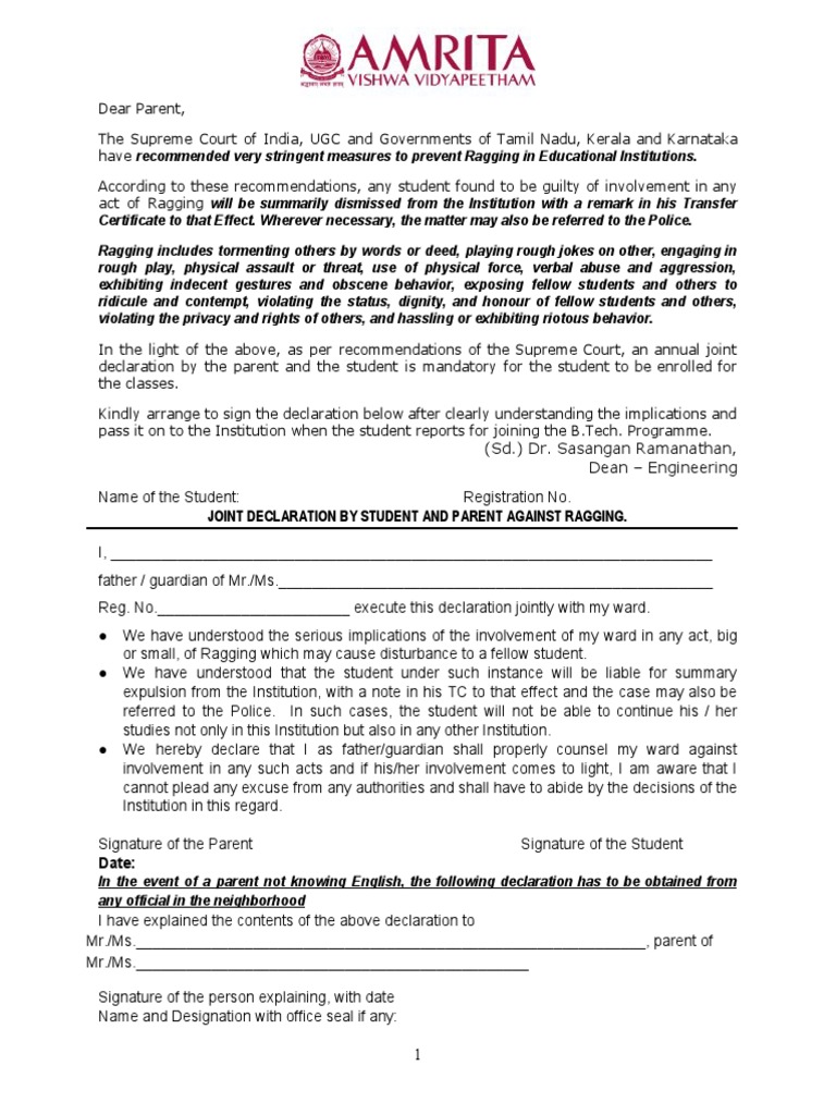 Joint Declaration Against Ragging Form | PDF | Social Institutions ...