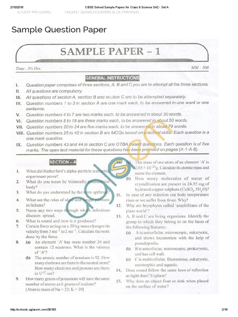 CBSE Solved Sample Papers For Class 9 Science SA2 - Set A PDF | PDF | Information Retrieval ...