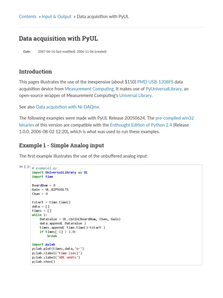 Data Acquisition With Pyul Scipy Cookbook Documentation Pdf Pdf Data Acquisition Analog