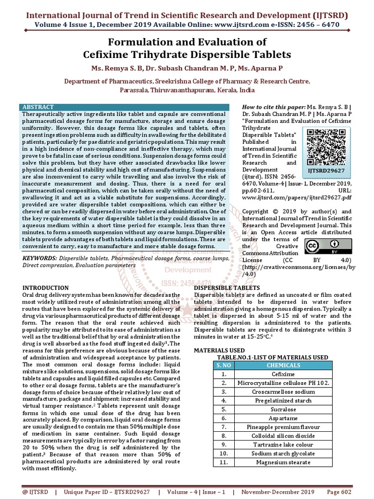 Formulation and Evaluation of Cefixime Trihydrate Dispersible Tablets ...