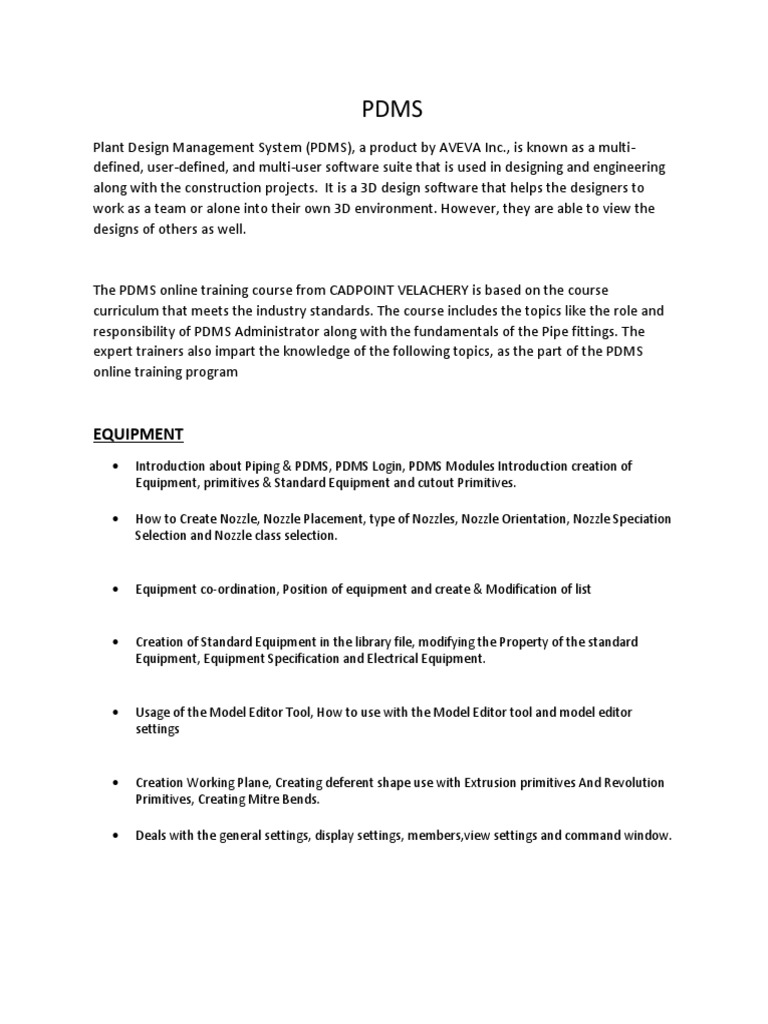 PDMS Course Syllabus | PDF | Pipe (Fluid Conveyance) | Engineering