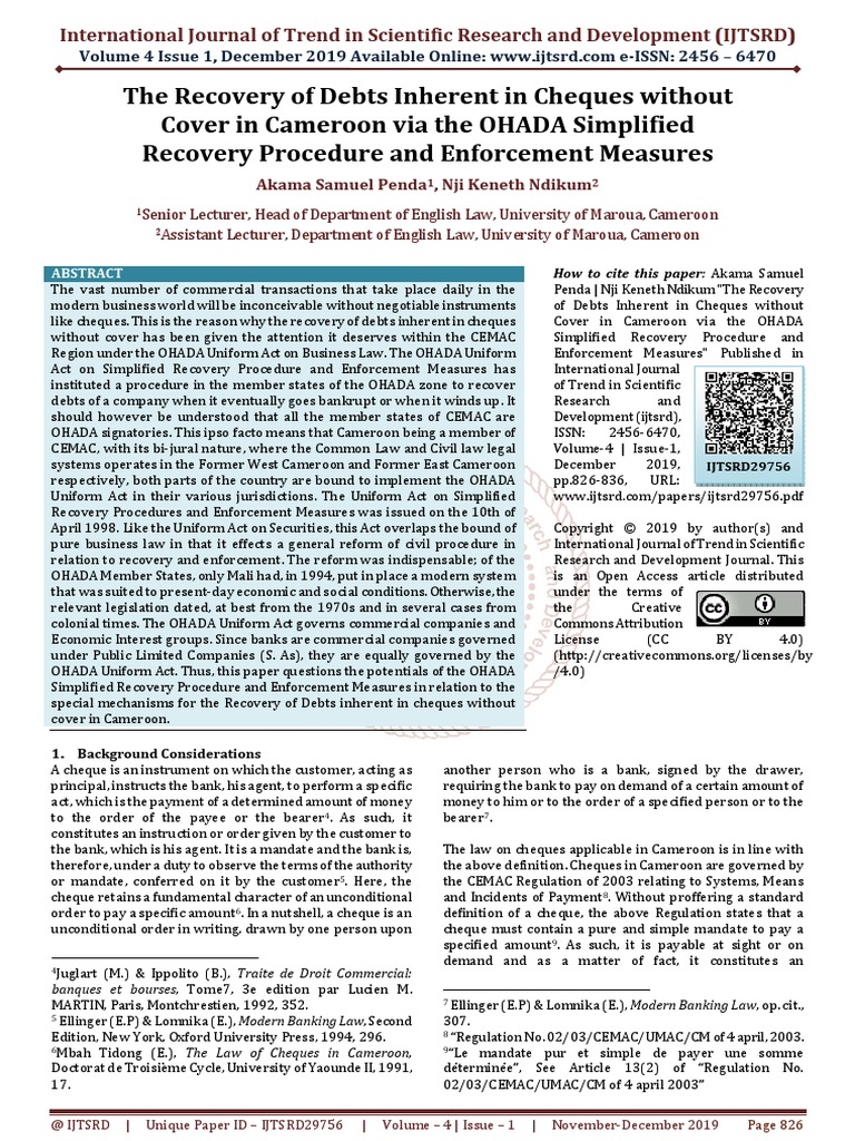 The Recovery of Debts Inherent in Cheques Without Cover in Cameroon Via ...
