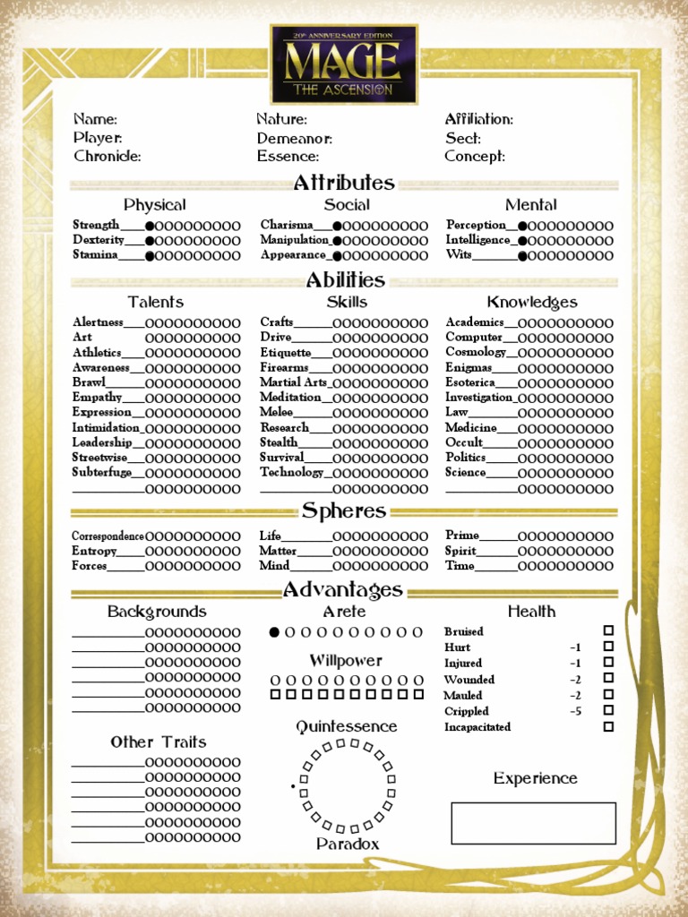 Mage 10 Dot Character Sheet | PDF | Role Playing Games | Leisure