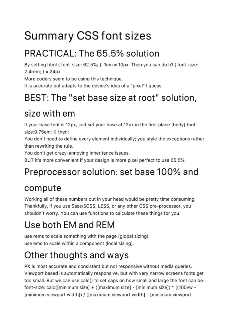Summary CSS Font Sizes | PDF | Cascading Style Sheets | Typefaces