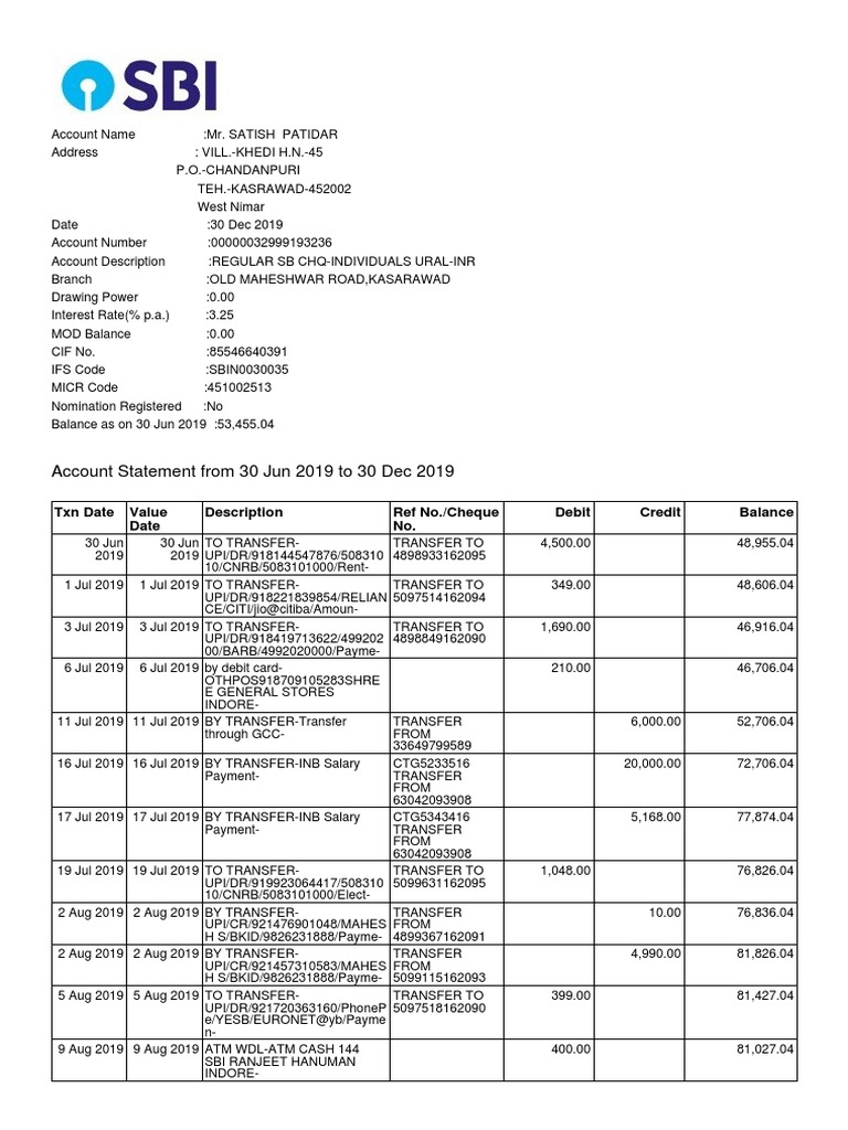 Account Statement of Mr. Satish Patidar from 30 June 2019 to 30 December 2019 showing regular ...
