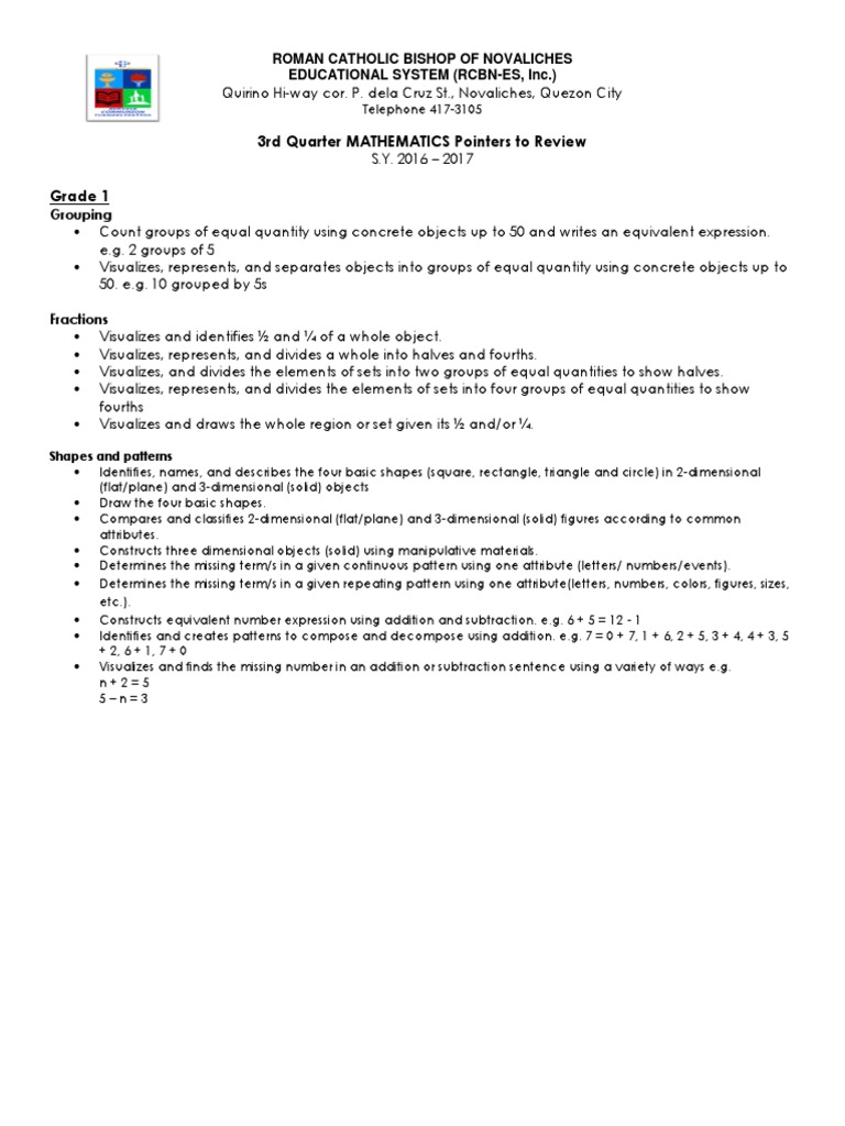 Grade 1-5 Math Review Pointers | PDF | Area | Equations