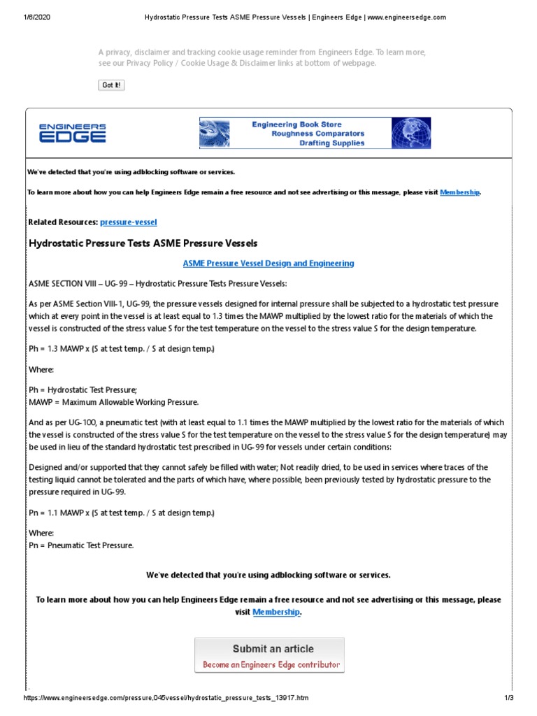 Hydrostatic Pressure Tests ASME Pressure Vessels | PDF | Pressure ...