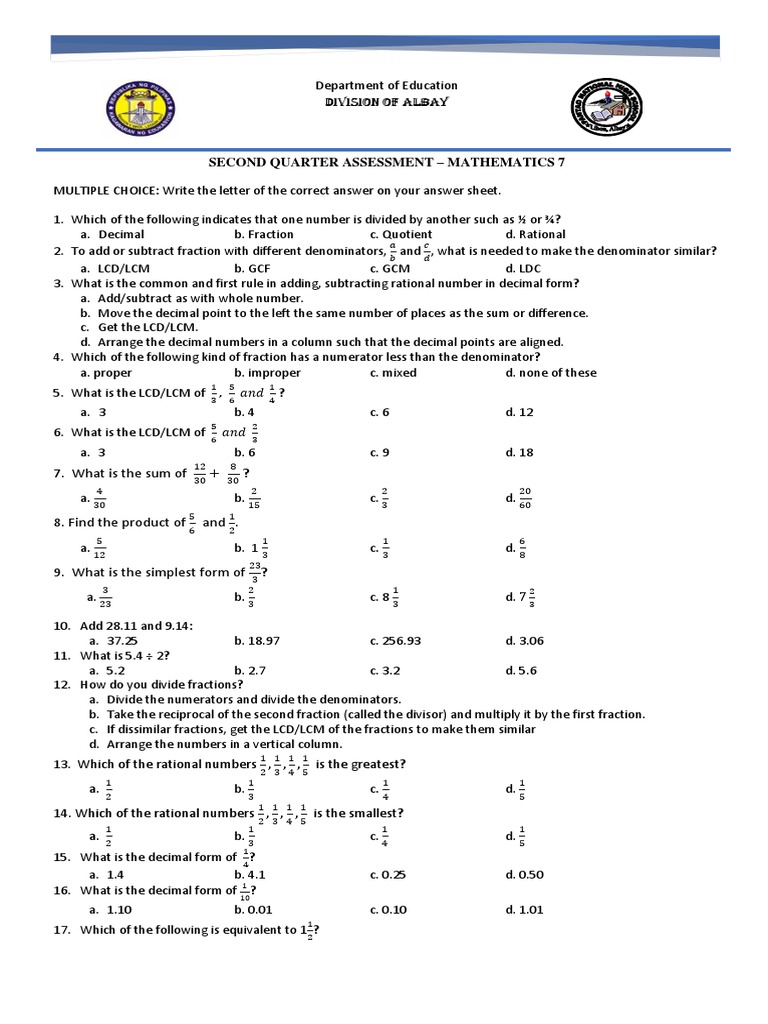 2ND PERIODICAL TEST-math 7 | PDF | Fraction (Mathematics) | Celsius