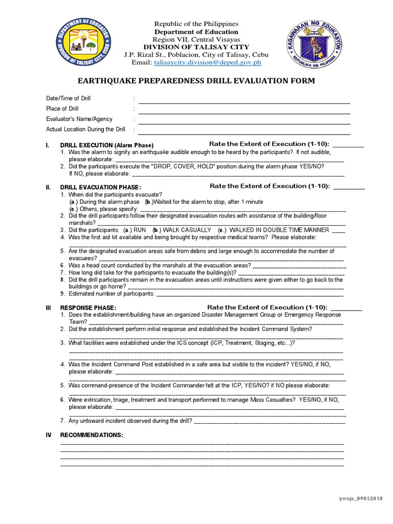 Eq Drill Evaluation Sheet | PDF | Emergency Evacuation | Incident Command System