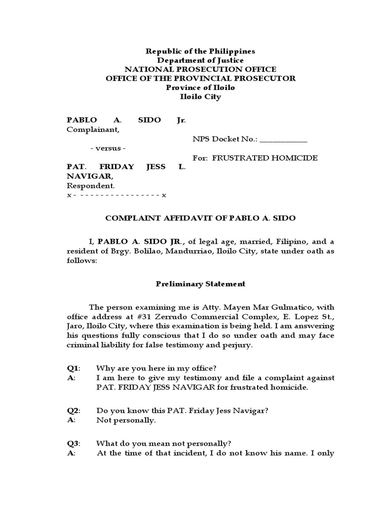 Complaint Affidavit for Frustrated Homicide | PDF | Legal Procedure ...