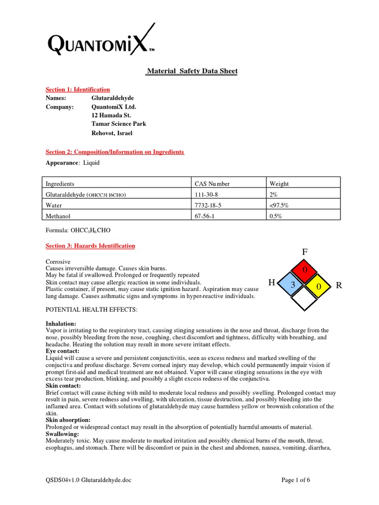 MSDS Glutaraldehyde 2 % | PDF | Waste Management | Ventilation ...