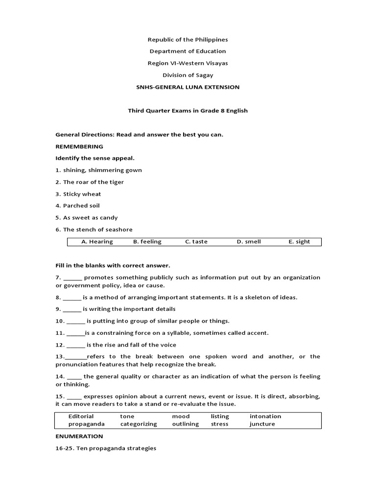 Grade 8 English 3rd Quarter Exam Review | PDF | Stress (Linguistics ...