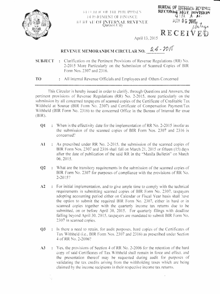RMC No 24 2015 QA Scanned Copies of Forms 2307 and 2316 PDF | PDF ...