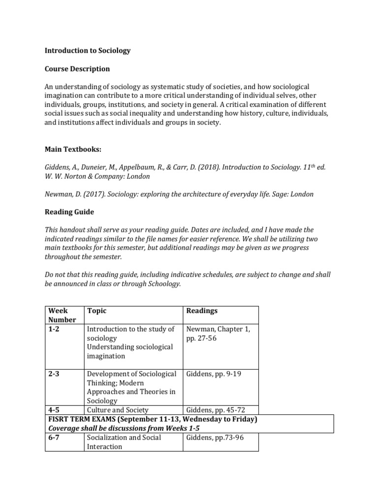 Sociology Course Overview and Schedule | PDF | Sociology | Self