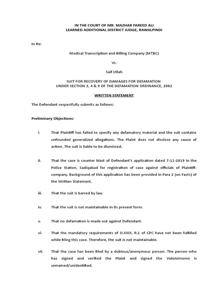 Written Statement | PDF | Defamation | Lawsuit