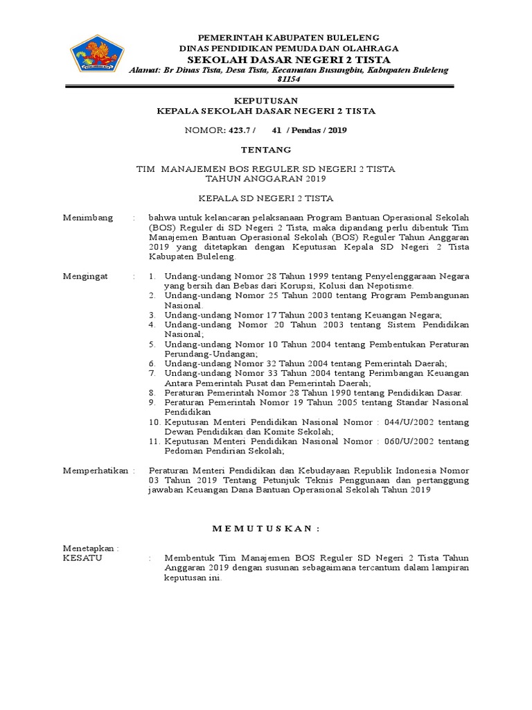 Contoh SK Tim Bos Sekolah 2019 | PDF