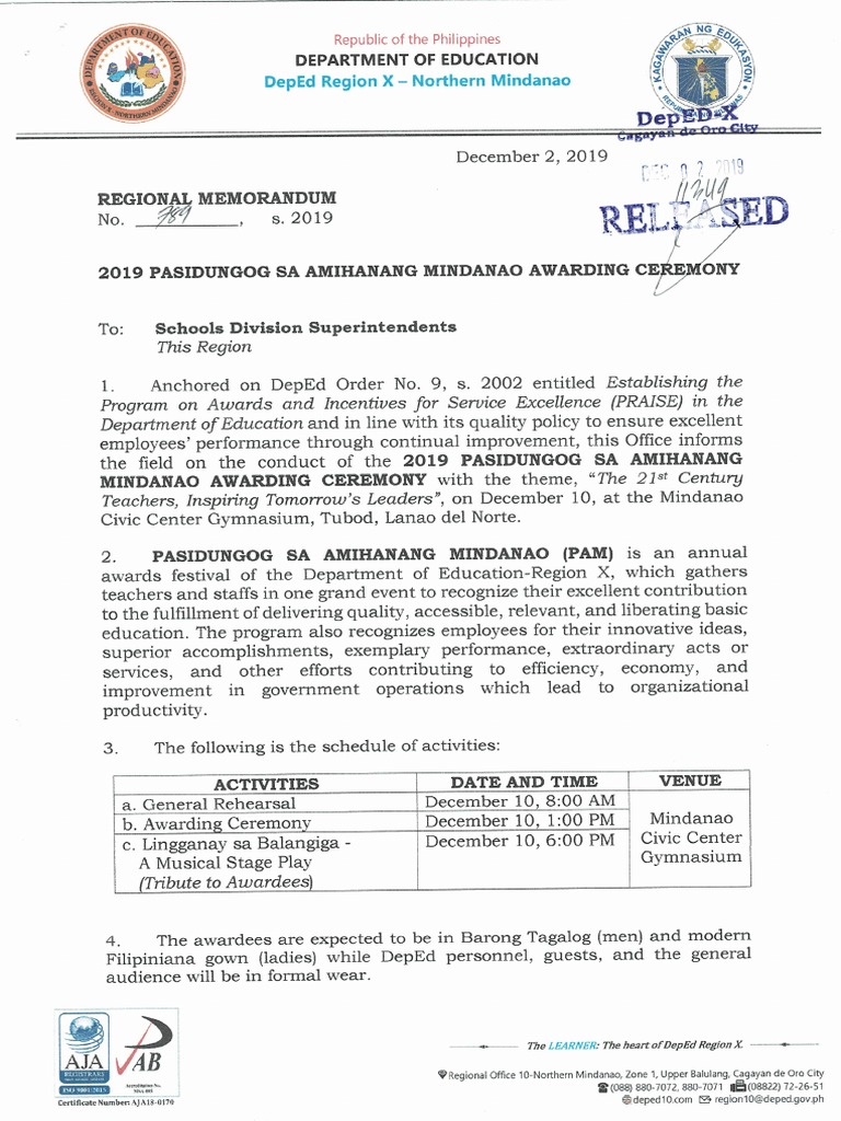 RM - 789 - 2019 Pasidungog Sa Amihang Mindanao Awarding Ceremony | PDF