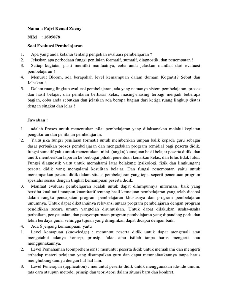 Soal Evaluasi Pembelajaran | PDF