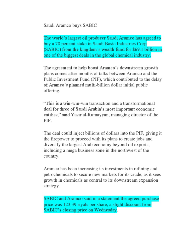 Aramco Acquires 70% of SABIC | PDF | Walmart | E Commerce