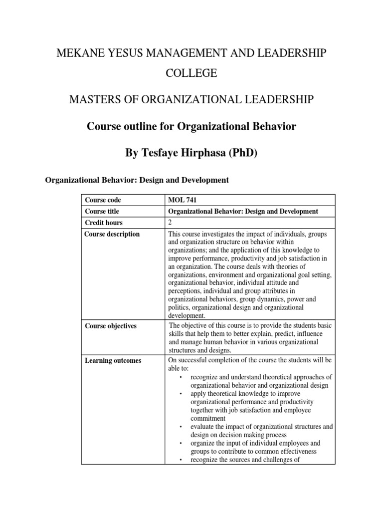 Ob Course Outline | PDF | Organizational Behavior | Organization ...