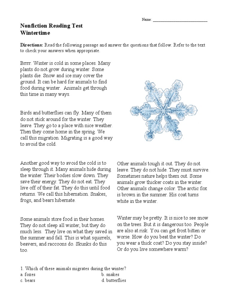 Nonfiction Reading Test Wintertime PDF | PDF | Bird Migration | Bears