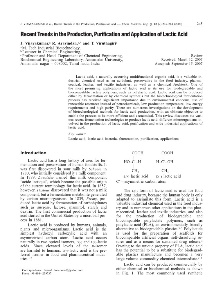 Lactic Acid Industrial Production | PDF | Lactic Acid | Fermentation