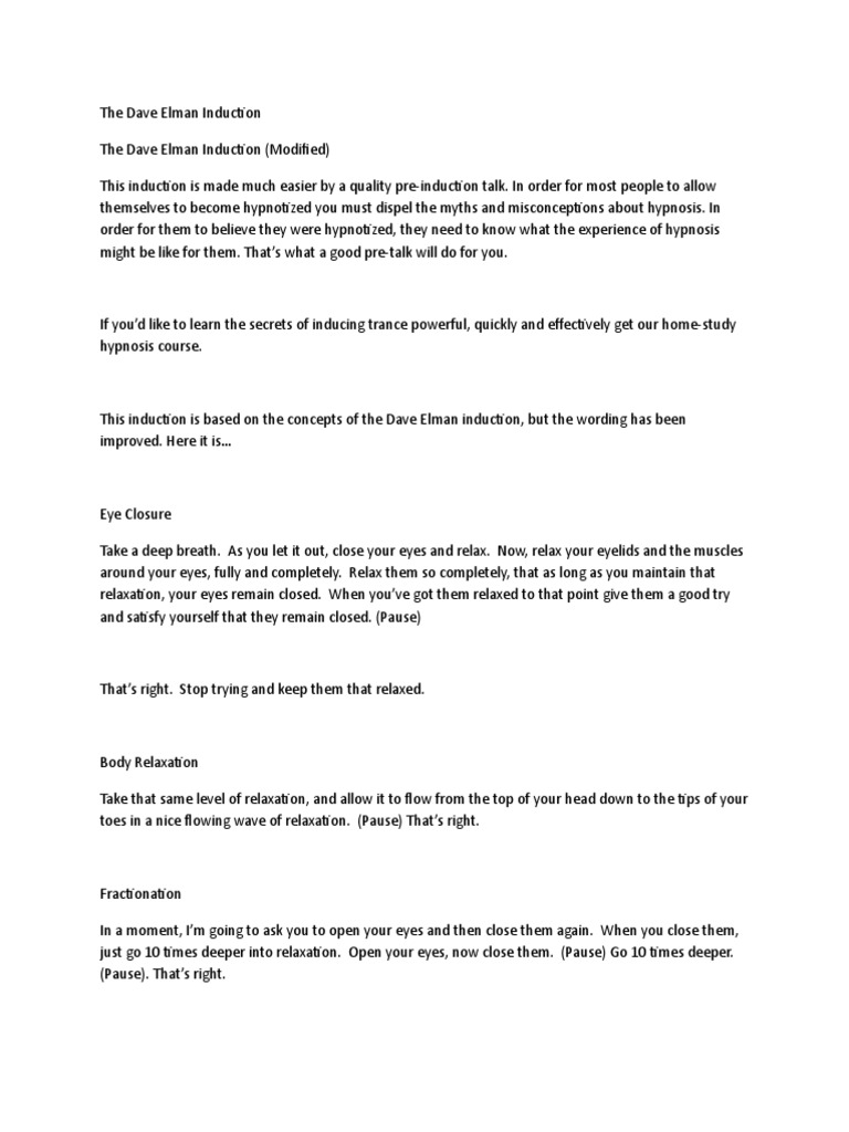 The Dave Elman Induction | PDF | Hypnosis | Relaxation (Psychology)