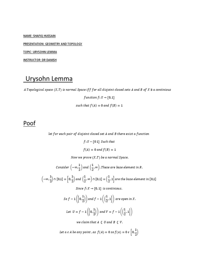 Urysohn Lemma | PDF | Topological Spaces | Space