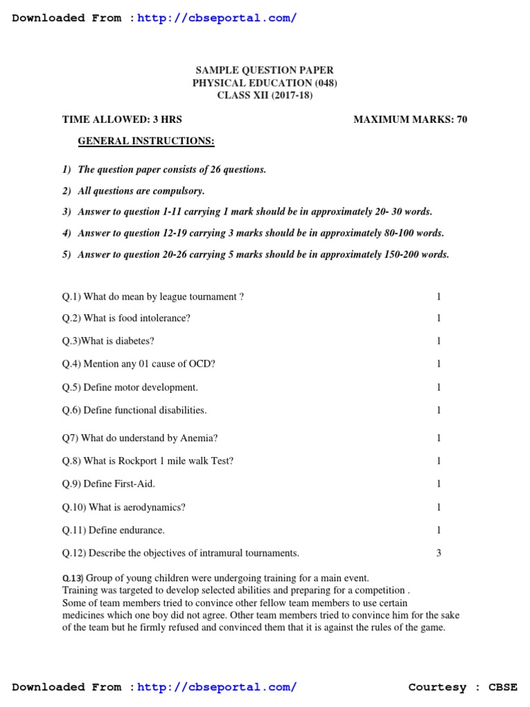 Cbse Class 12 Sample Paper 2017 18 Physical Education | PDF