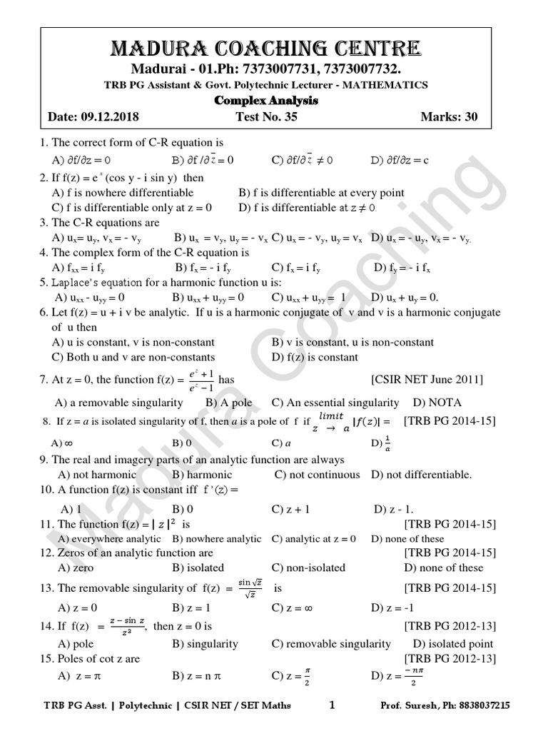 Complex Analysis MCQ TEST PDF Analytic Function Mathematical Concepts