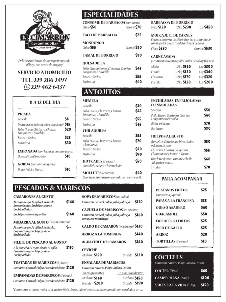 El Cimarron Menu Comida | PDF | Mariscos | Productos animales