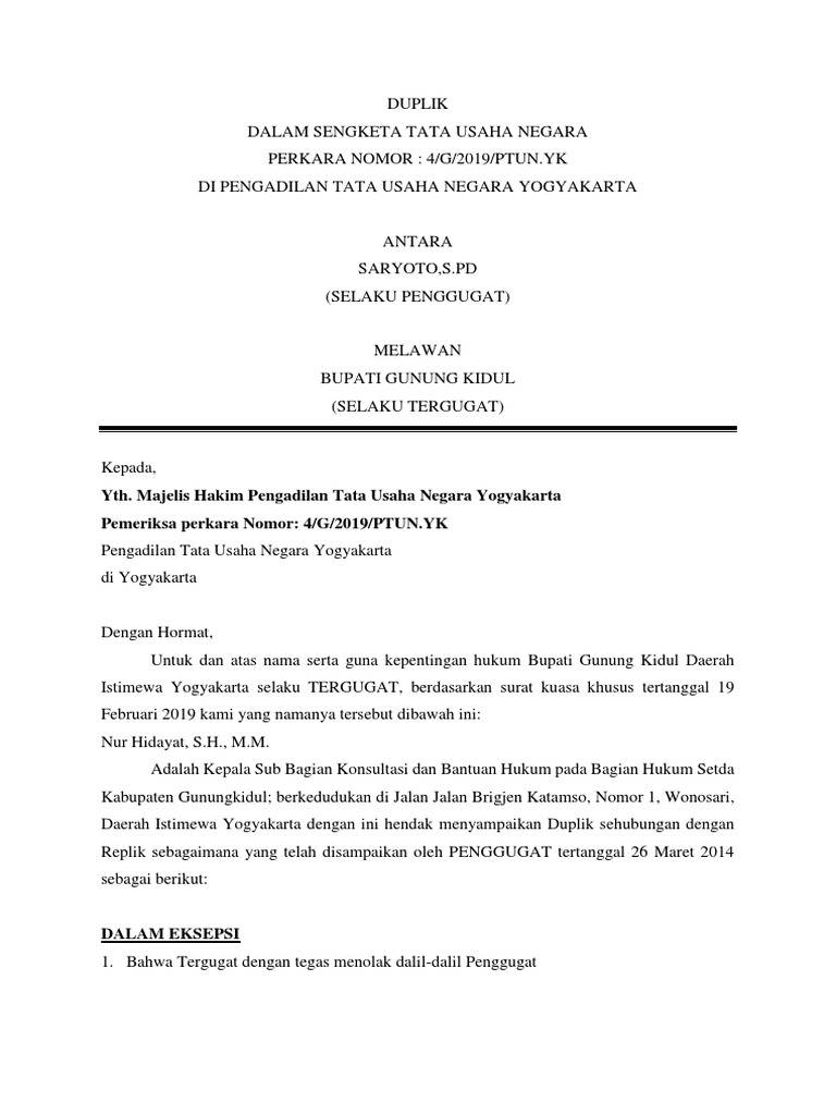 Duplik Perkara PTUN Yogyakarta 2019 | PDF | Politik | Hukum