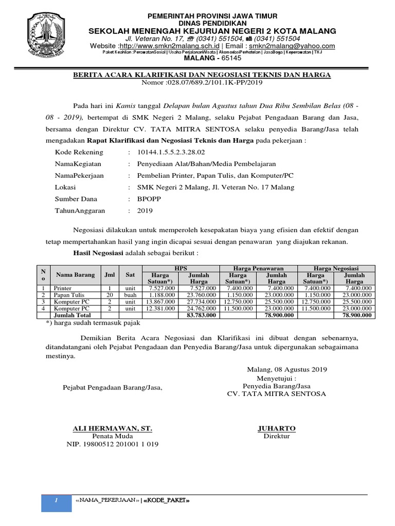 Berita Acara Negosiasi Dan Klarifikasi Teknis Dan Harga | PDF