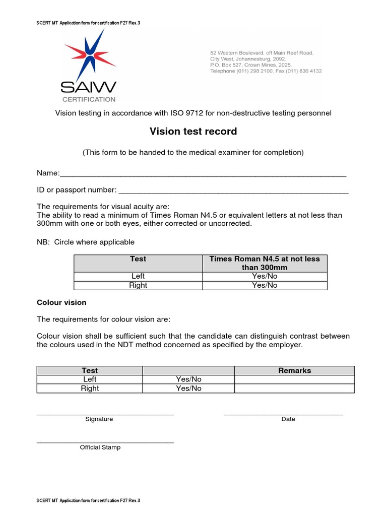Vision Testing in Accordance With ISO 9712 For Non | PDF