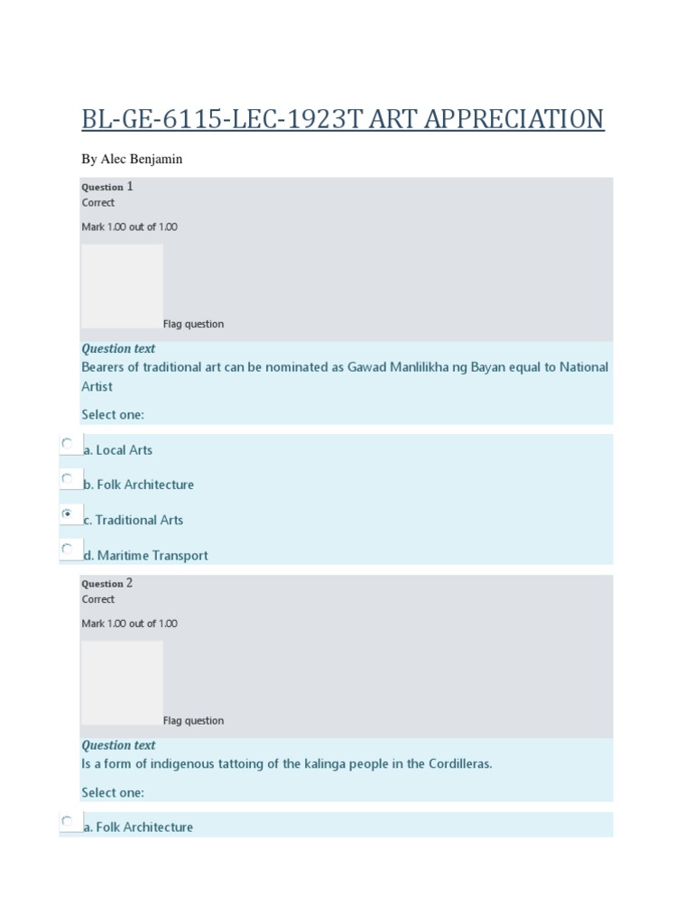 BL-GE-6115-LEC-1923T ART APPRECIATION QUIZ 6 Perfect | PDF | Aesthetics BL-GE-6115-LEC-1923T ART APPRECIATION QUIZ 6 Perfect | PDF | Aesthetics