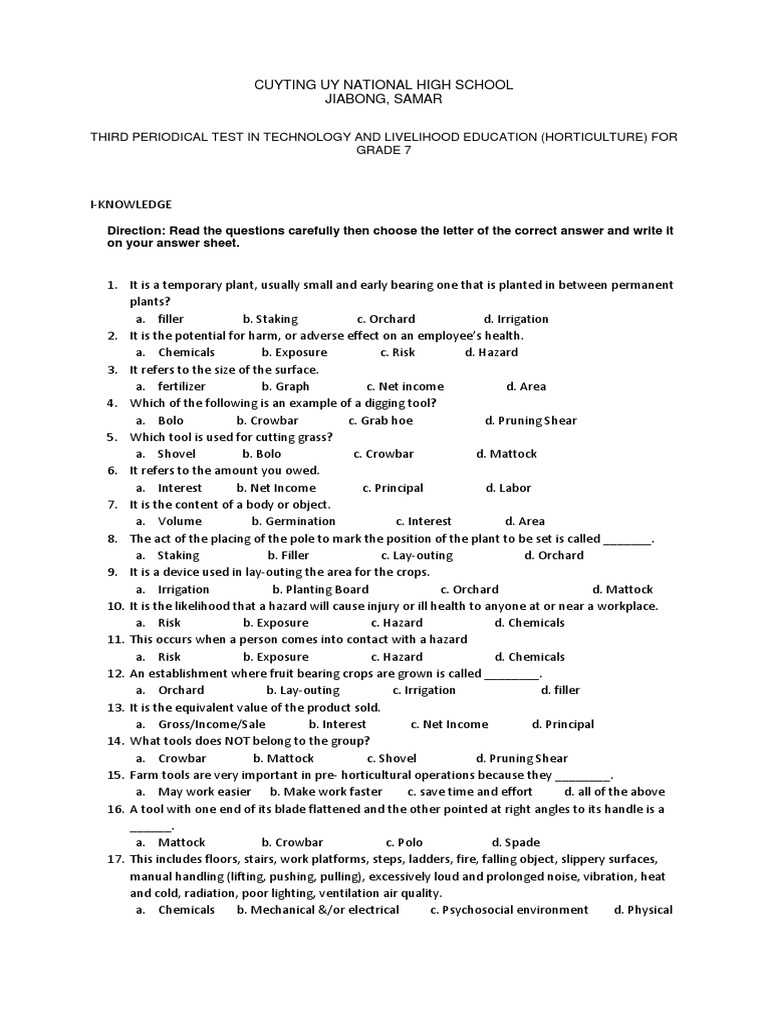 3rd Quarter Exam Tle 7 Pdf Plough Tractor
