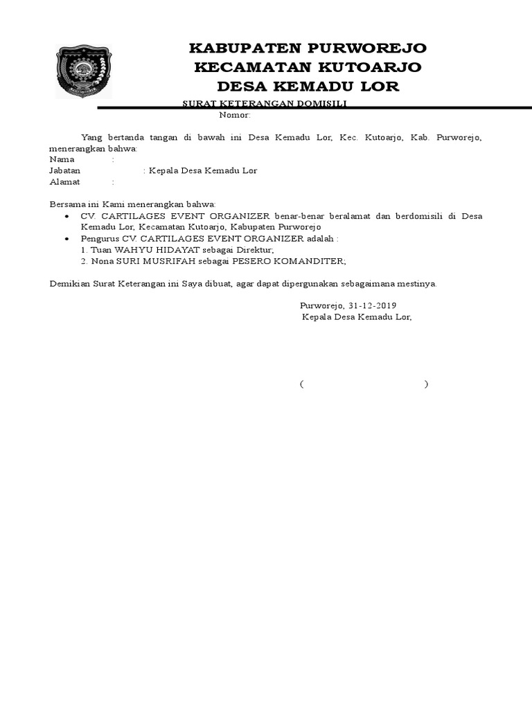 KETERANGAN DOMISILI CV Cartilages | PDF
