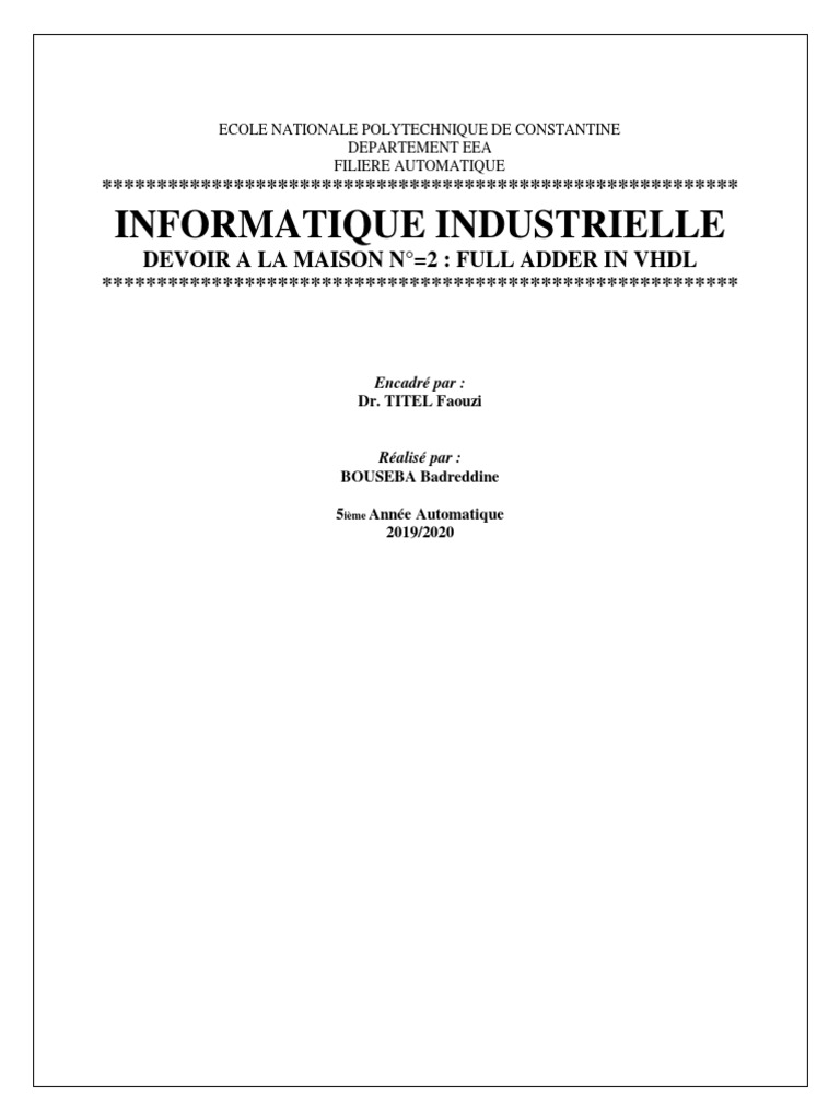 Full Adder en VHDL : Code et Schéma | PDF