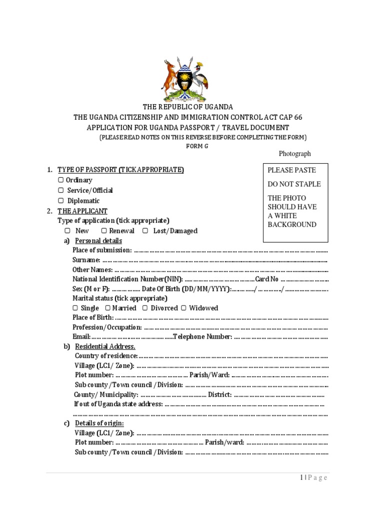 Uganda PASSPORT APPLICATION FORM G | PDF | Passport | Nationality Law