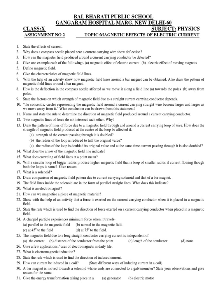 CBSE Class 10 Physics Worksheet (1) | Magnetic Field | Electric Current