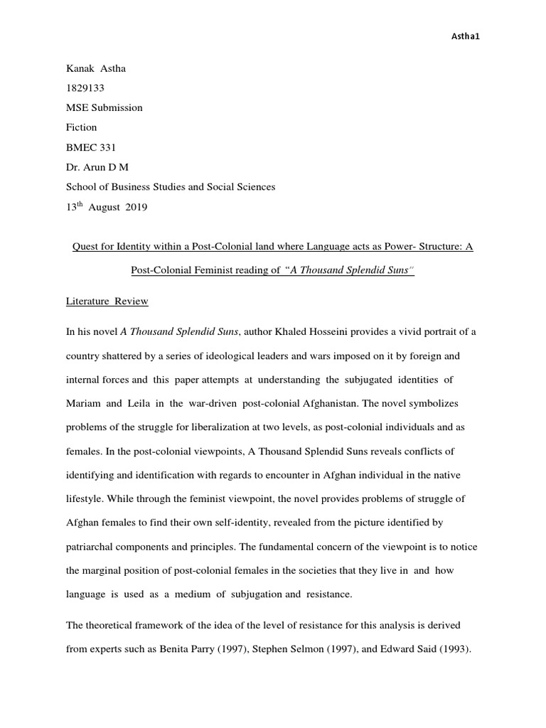Thousand Splendid Suns Literature Review | PDF | Postcolonialism | Feminism